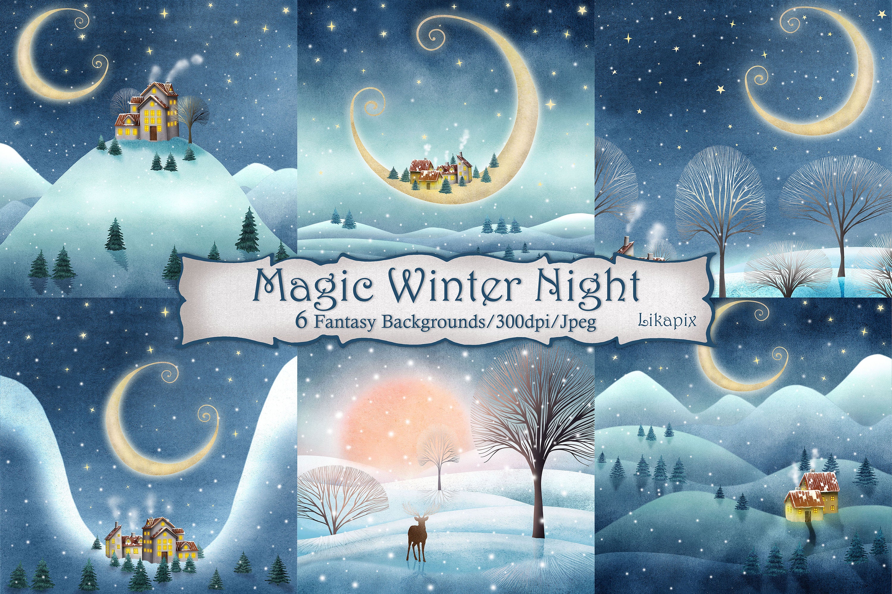 Magic Winter Snow Landscape-instant Download. Cute Houses, Moon Night ...