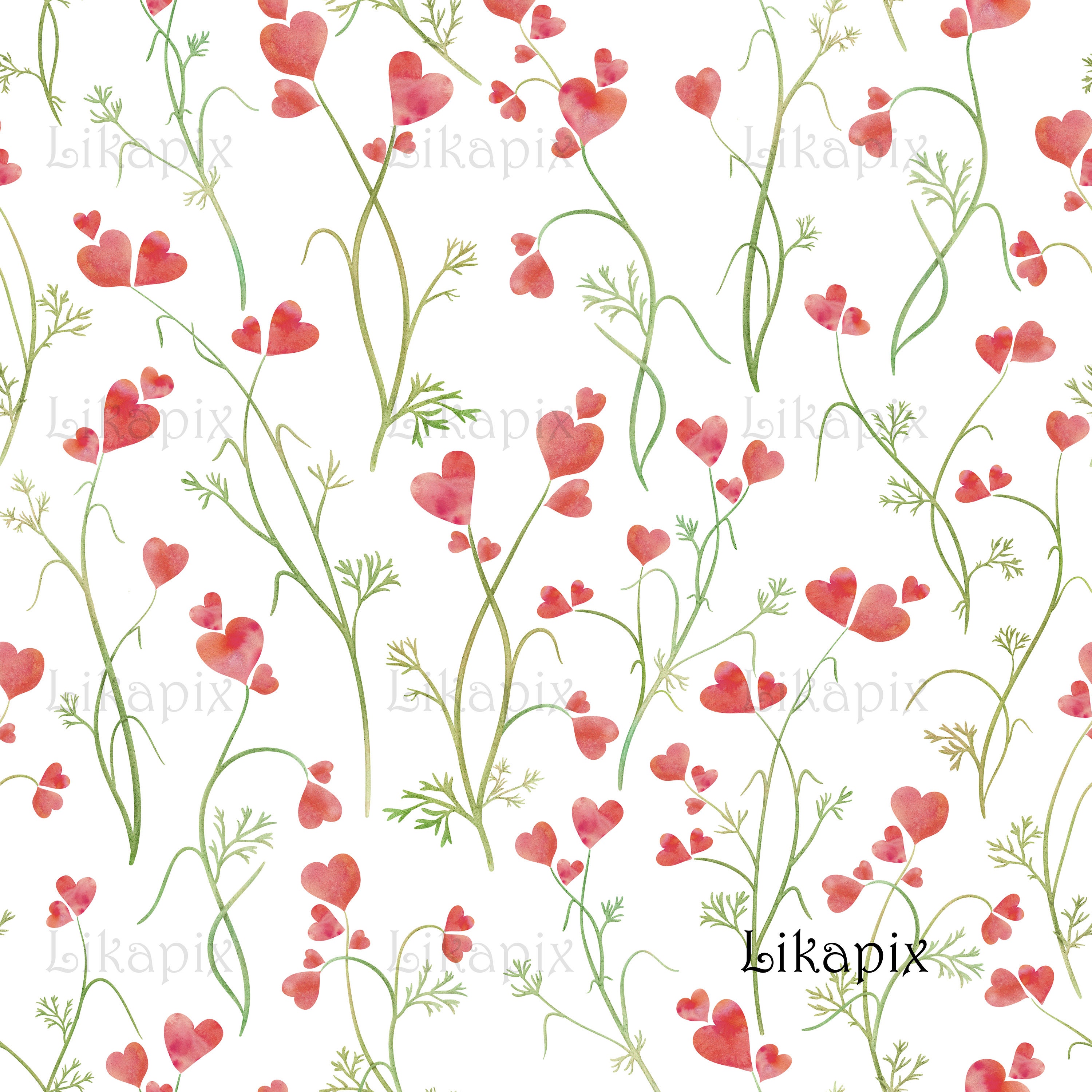 Hearts Flowers Watercolor Seamless Pattern Png-instant Download ...