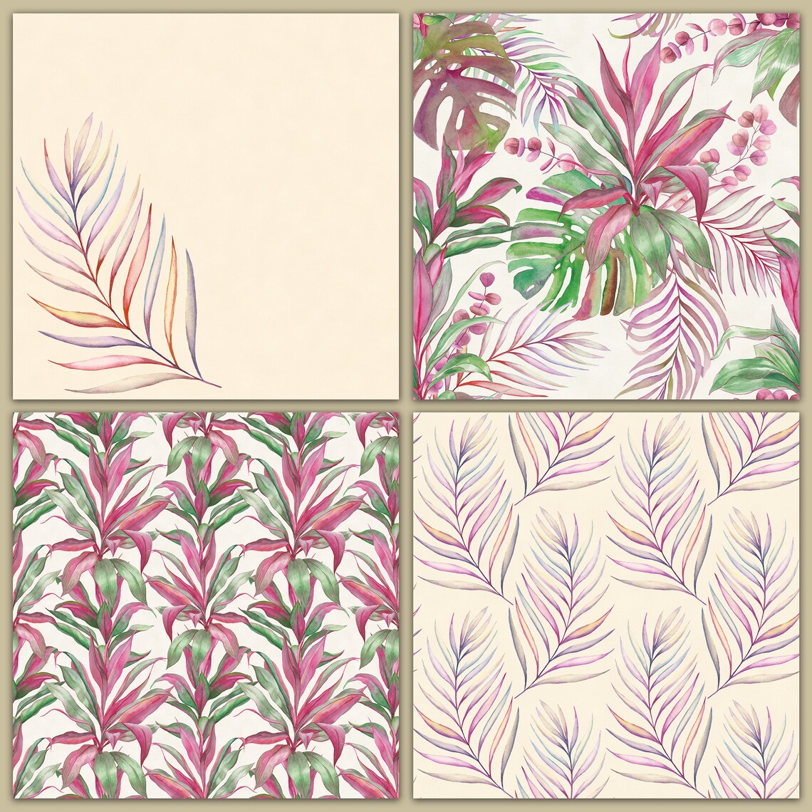 Watercolor Tropical Leaves Digital Papers Set, Palm Seamless Patterns ...