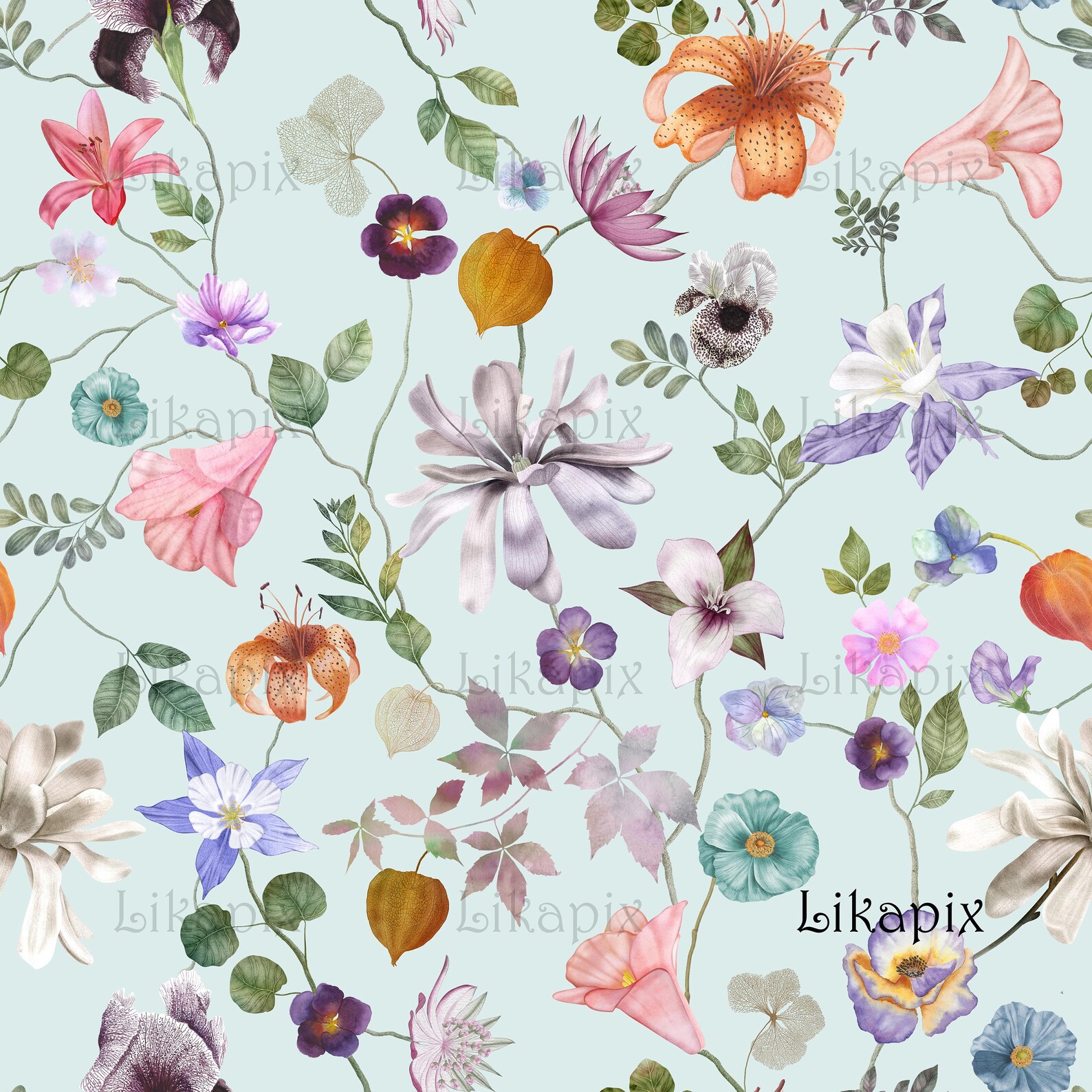 Spring Various Flowers Watercolor Seamless Digital Pattern. Different ...