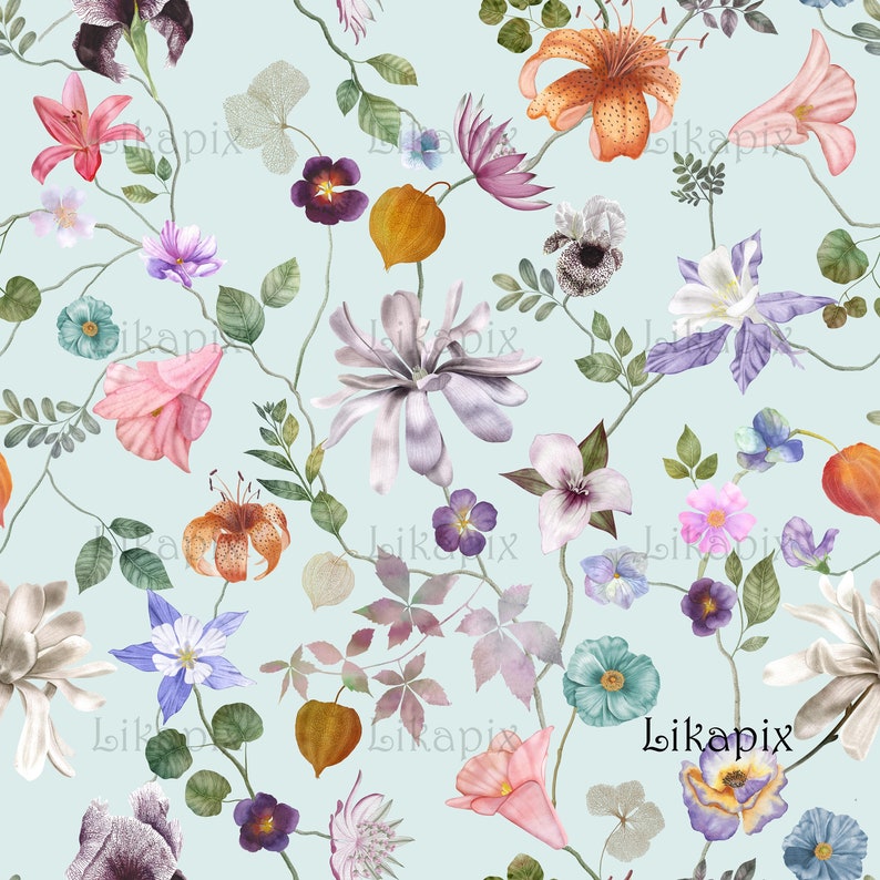 Spring Various Flowers Watercolor Seamless Digital Pattern. Different ...
