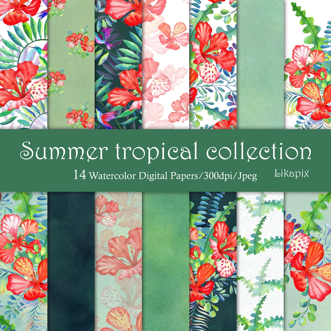 Summer Tropical Flower Scrapbook Digital Papers, Tropical Leaves ...