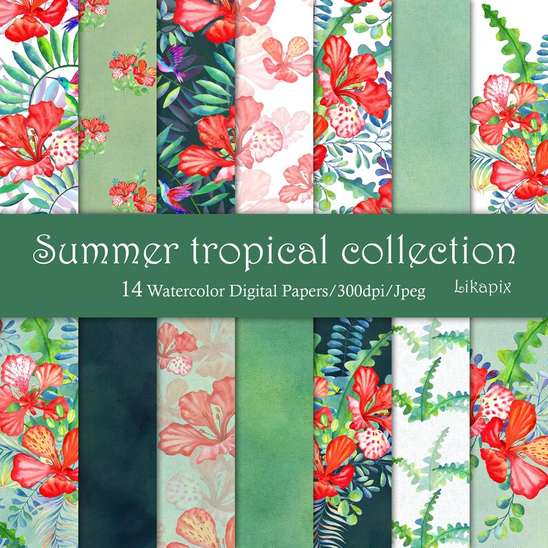 Summer Tropical Flower Scrapbook Digital Papers Tropical | Etsy
