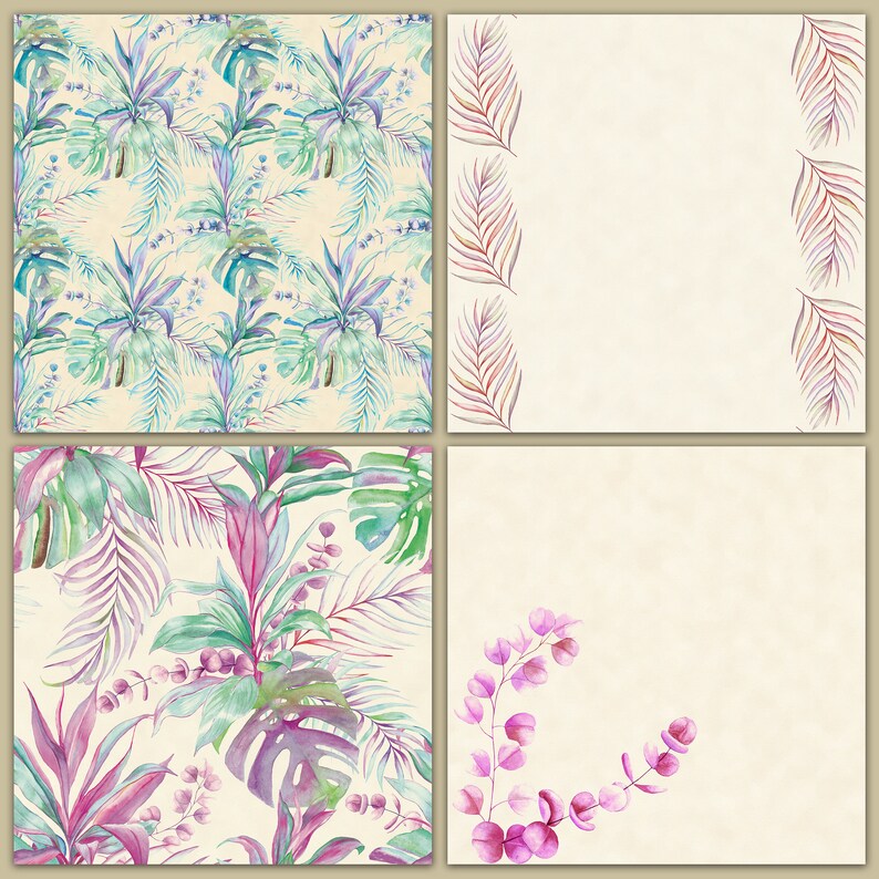 Watercolor Tropical Leaves Digital Papers Set, Palm Seamless Patterns ...