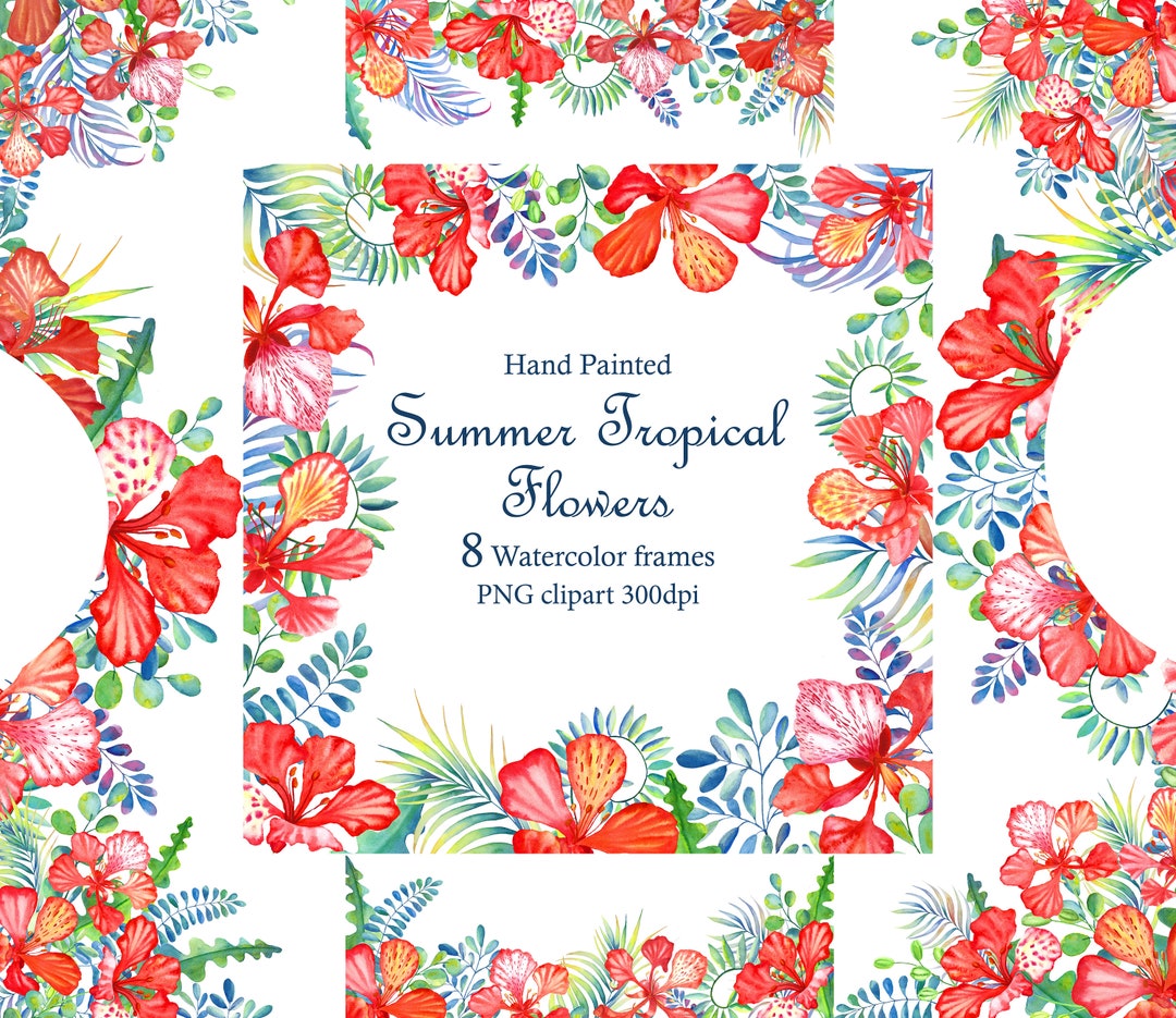 Summer Tropical Flowers Digital Frames, Exotic Floral Party Invitation ...