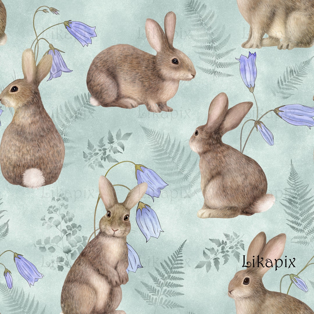 Cute Bunnies and Bellflowers Seamless Digital Pattern. Watercolor ...