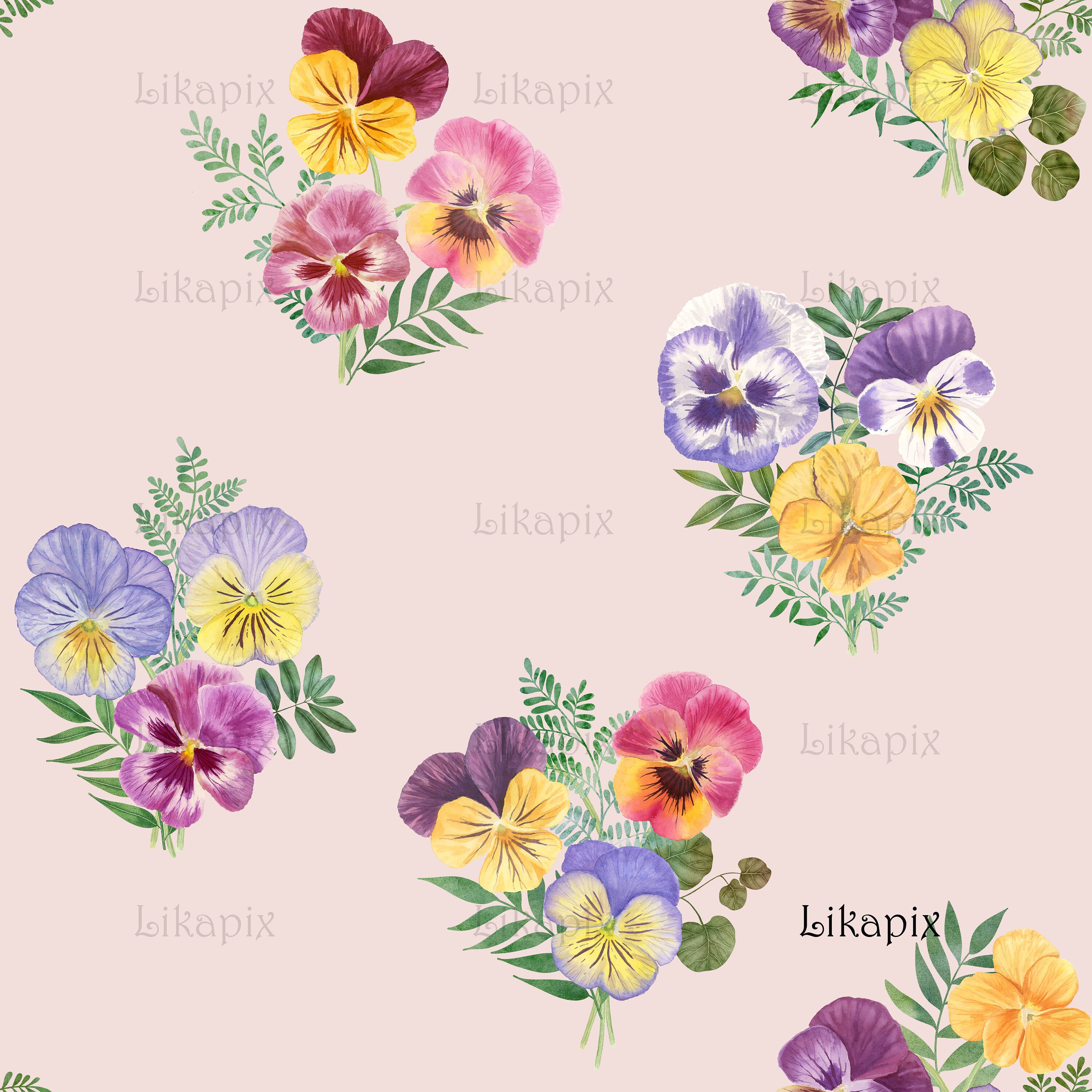 Pansy Flowers Bouquet Watercolor Seamless PNG Pattern Digital. Viola ...