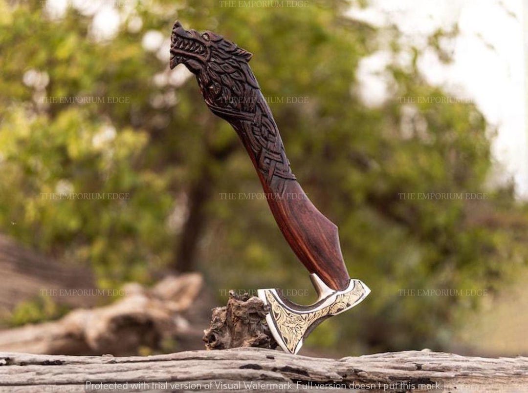 Medieval Norse Viking Fenrir Axe, Viking Wolf Axe, Wood Carved Fenrir ...