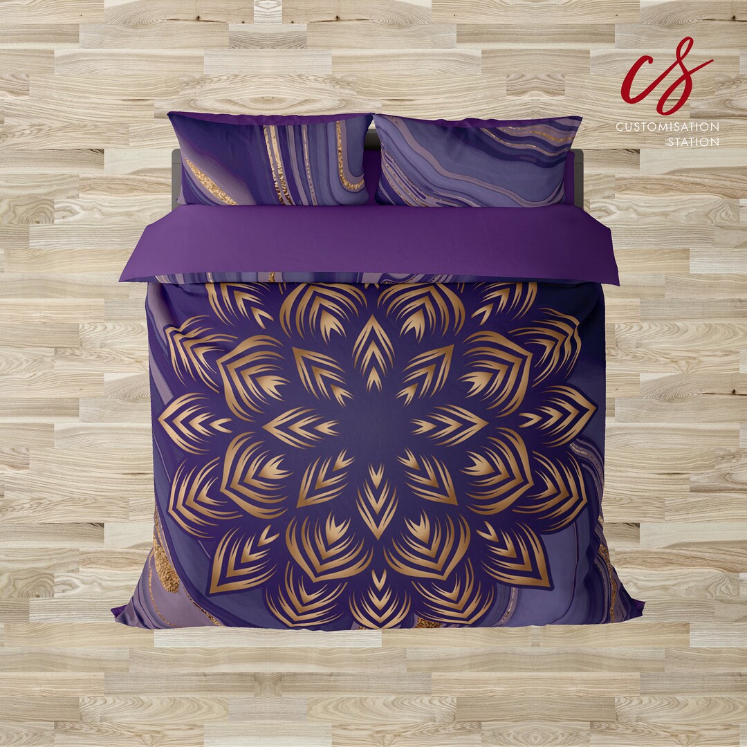 Purple Marble Gold Mandala Bedding Set, Marble Duvet Cover, Golden ...