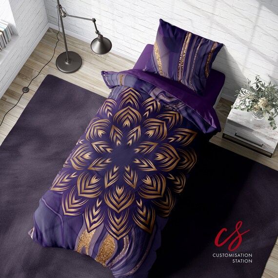 Purple Marble Gold Mandala Bedding Set Marble Duvet Cover | Etsy