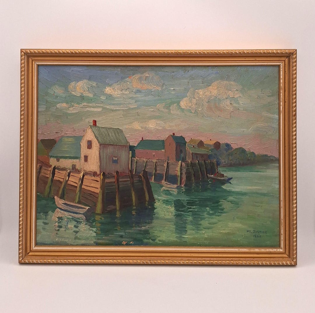 Original Oil Painting Boats and Harbor ML Justice 1941 - Etsy