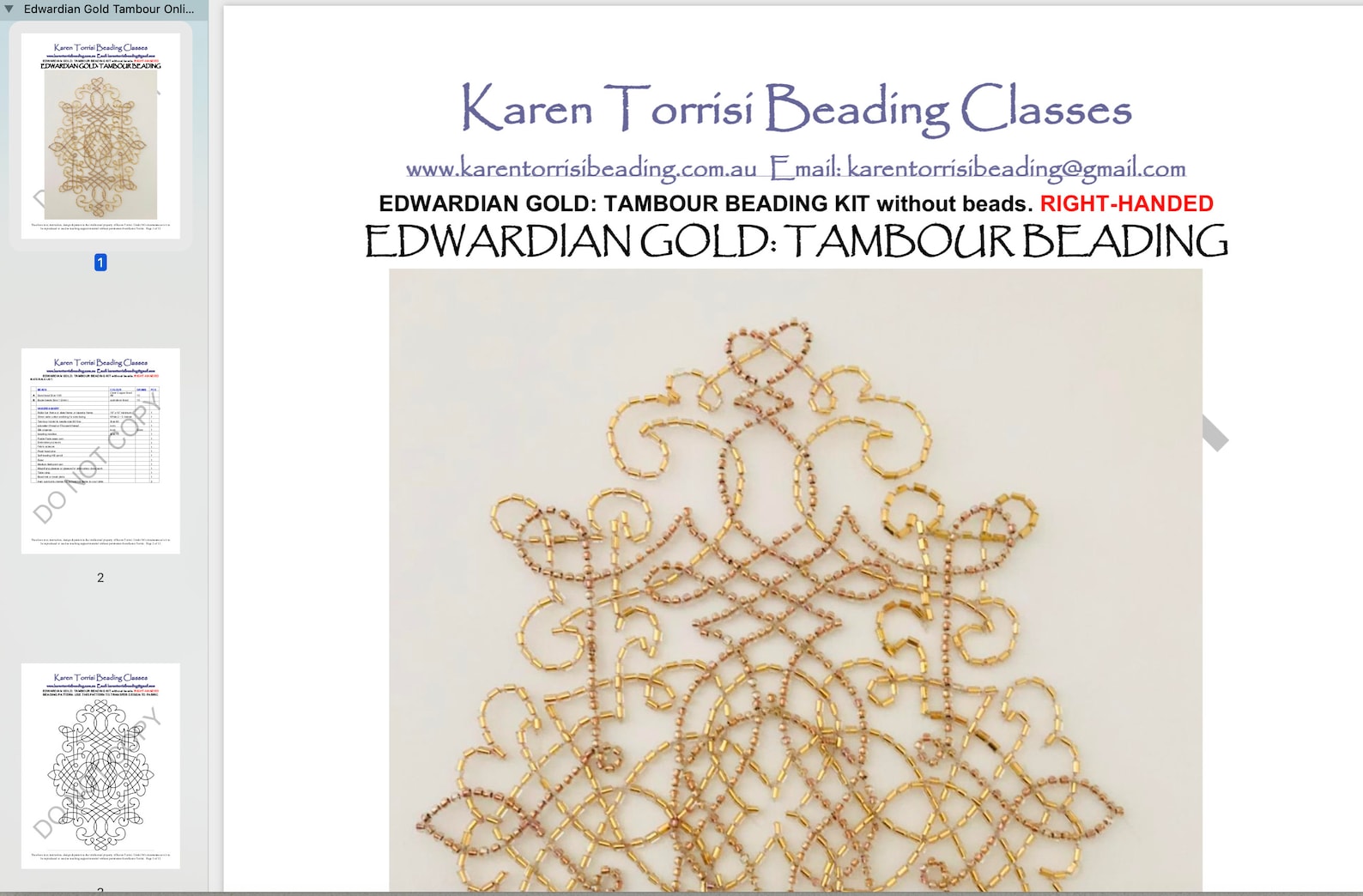 Tambour Beading, Pattern & Instructions Only, Left Handed Without Beads ...