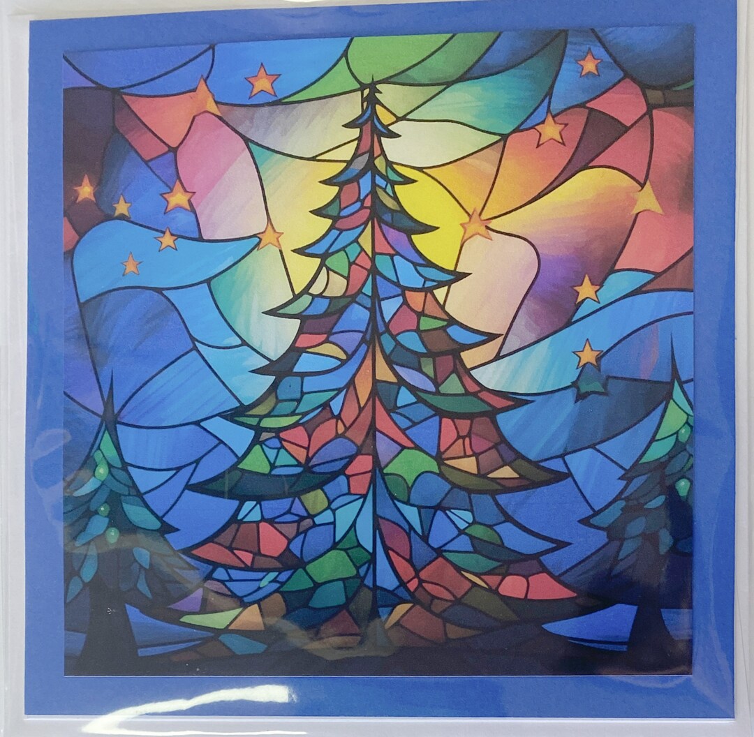 Colorful Christmas Tree in Stained Glass Style Christmas Card ...