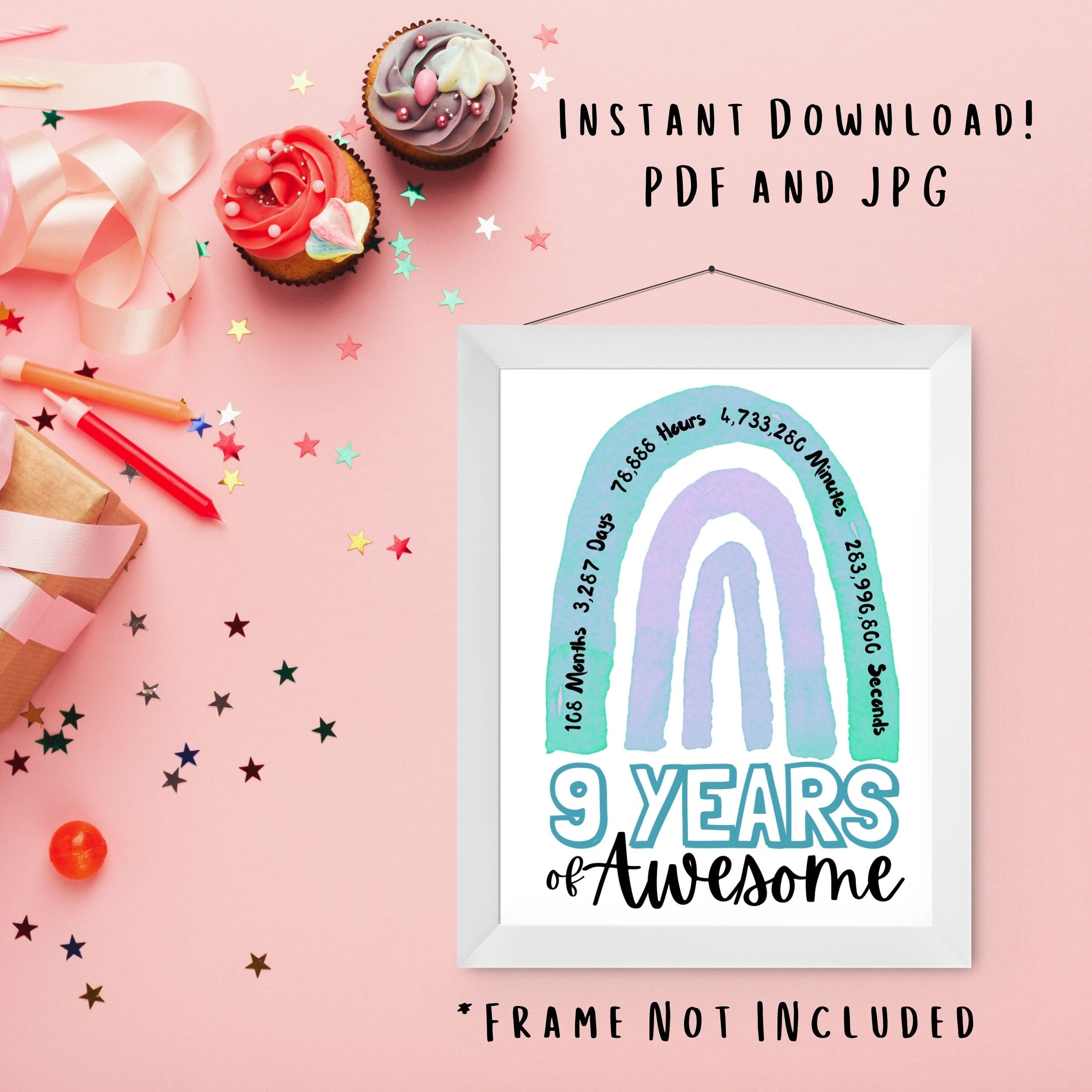 9th Birthday Poster, Birthday Countdown, 9 Years of Being Awesome, Nine ...