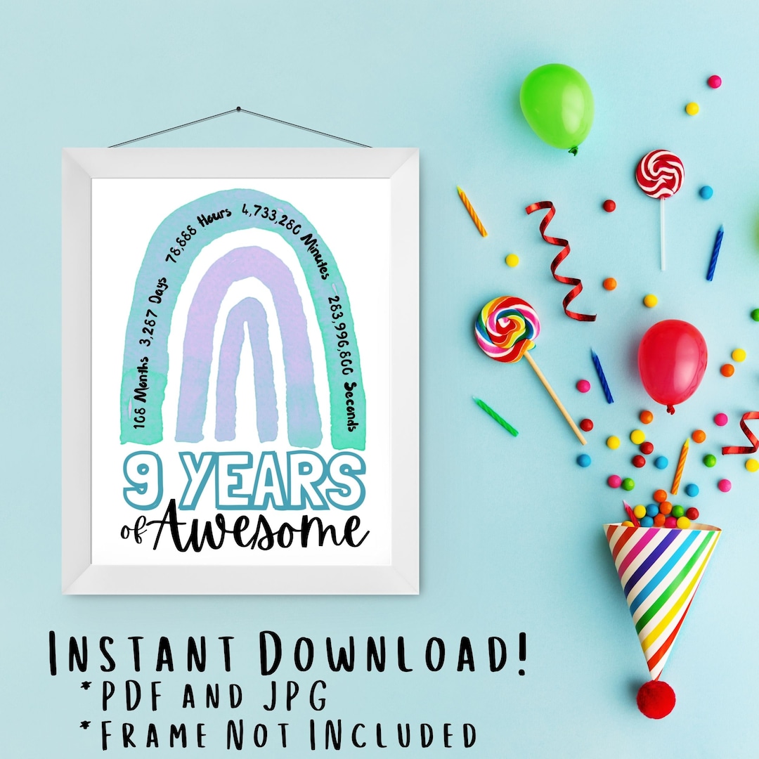 9th Birthday Poster, Birthday Countdown, 9 Years of Being Awesome, Nine ...