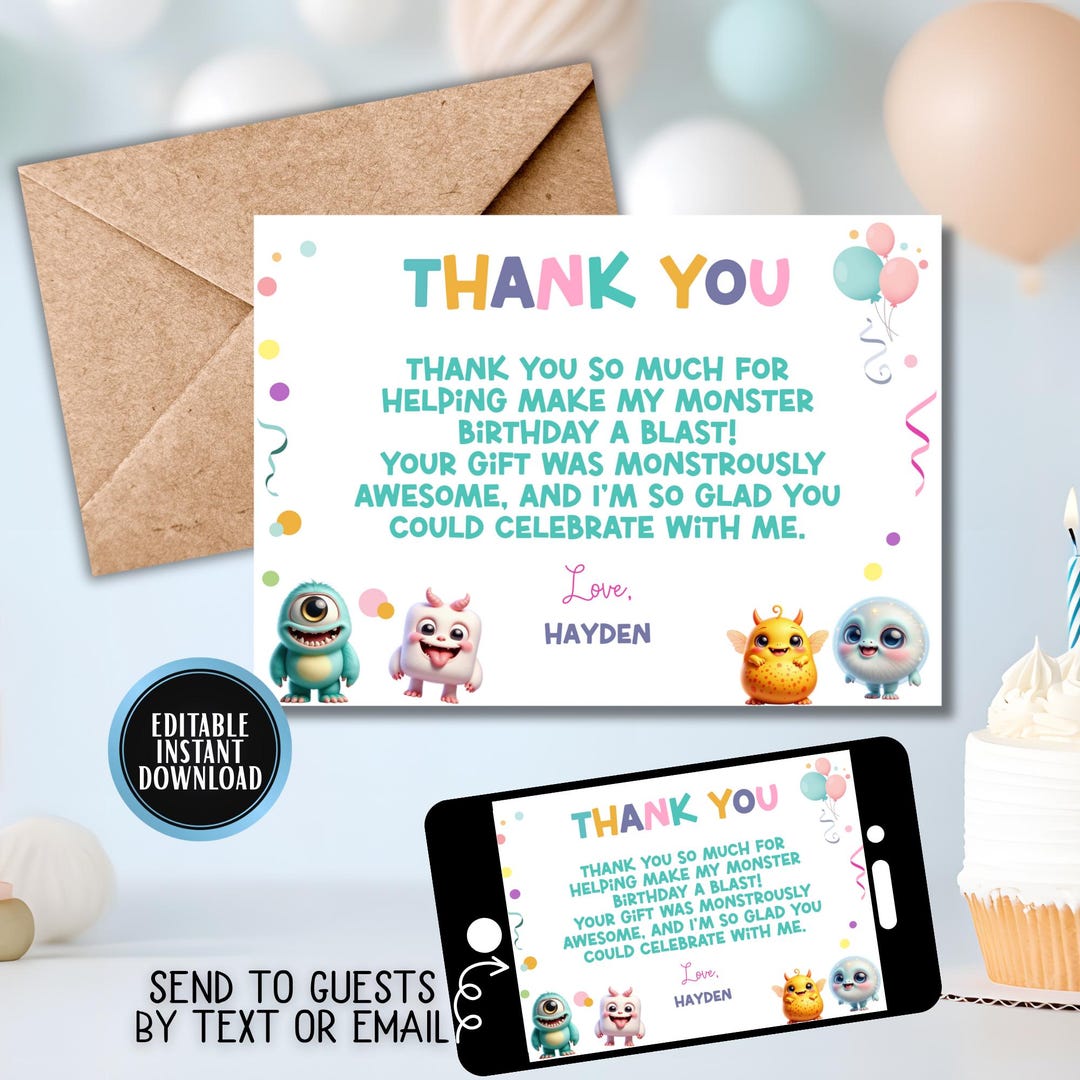Monster Birthday Thank You Card Printable: Editable Cute Monster Party ...