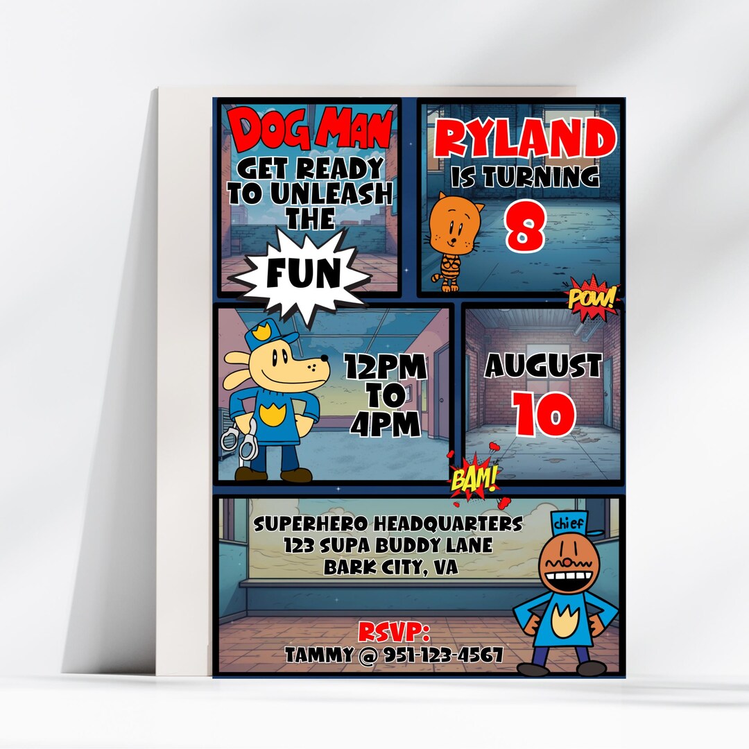Editable Dog Man Birthday Invitation, Dog Man Comic Book Party Invite ...