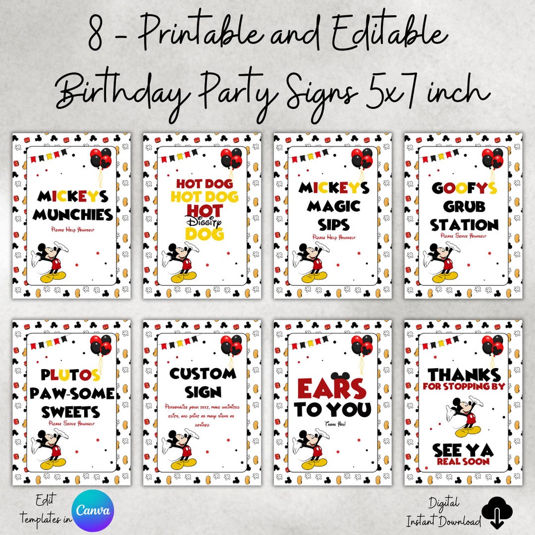 Classic Mickey Mouse Birthday Food Signs, Editable 5x7 Mickey Party ...