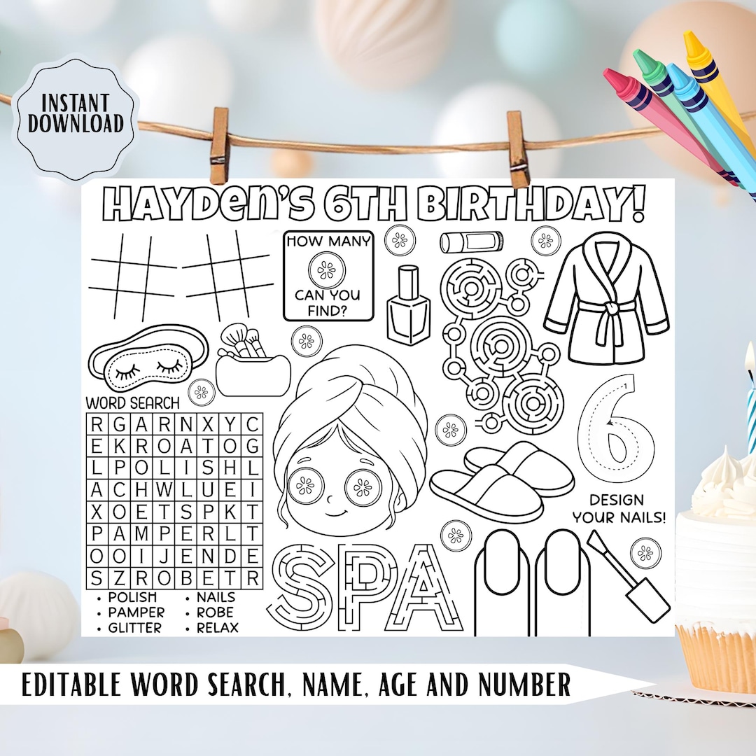 Spa Party Coloring Placemat, Editable Pamper Birthday Activity Sheet ...