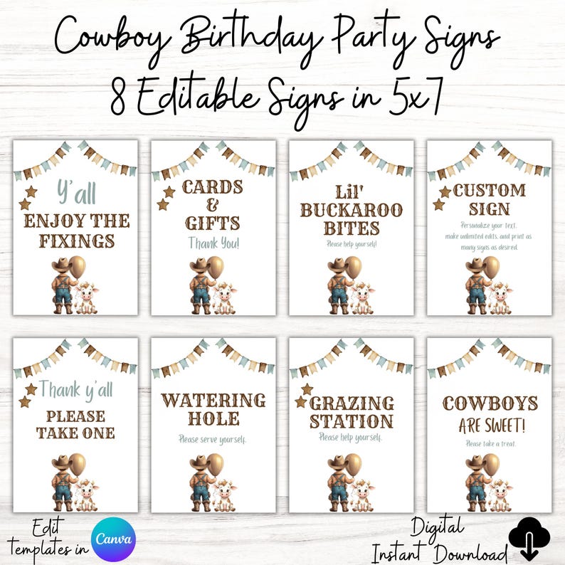Cowboy Birthday Party Signs – Wild West Rodeo Table Decor, Editable ...
