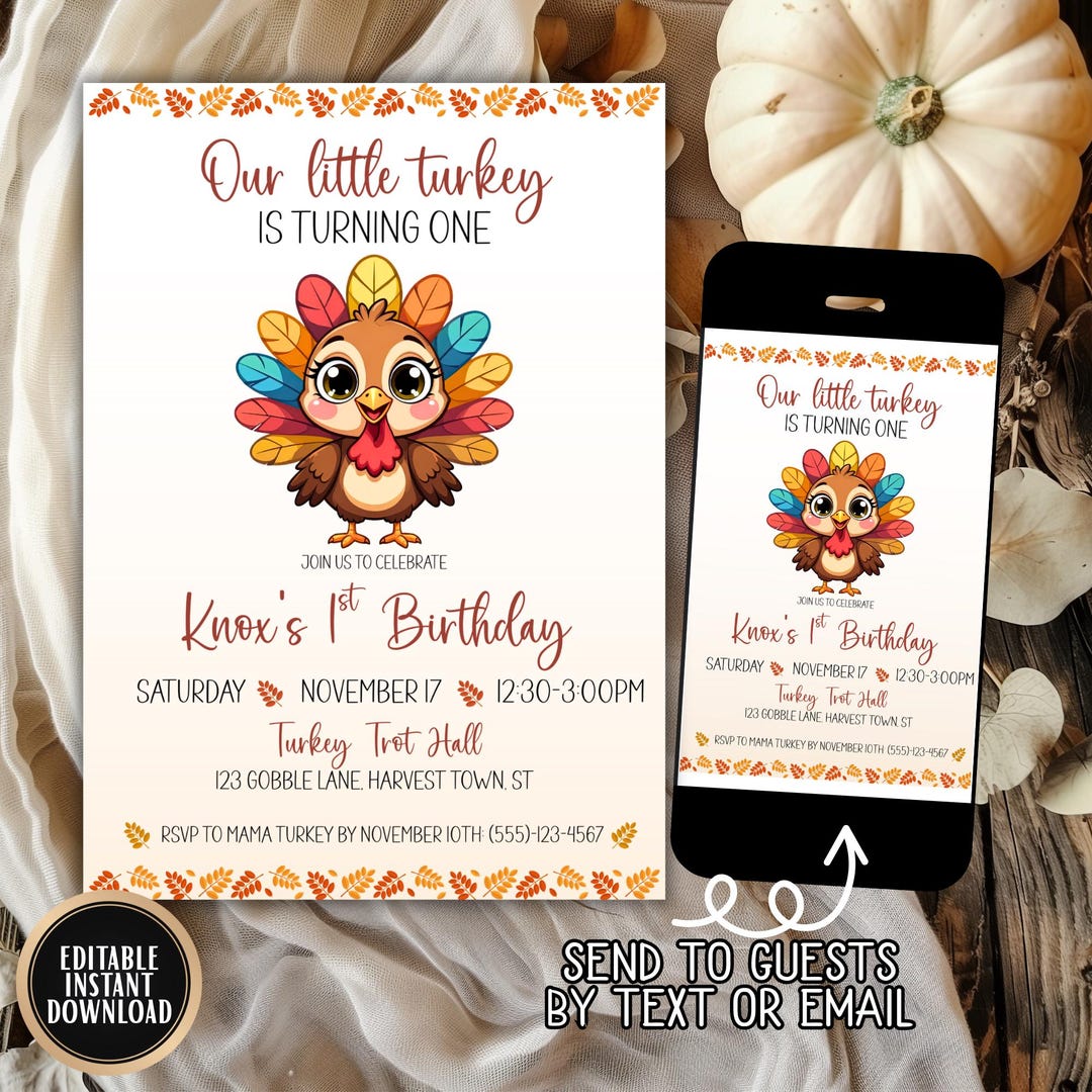 Turkey First Birthday Invitation: Little Turkey 1st Birthday Party ...