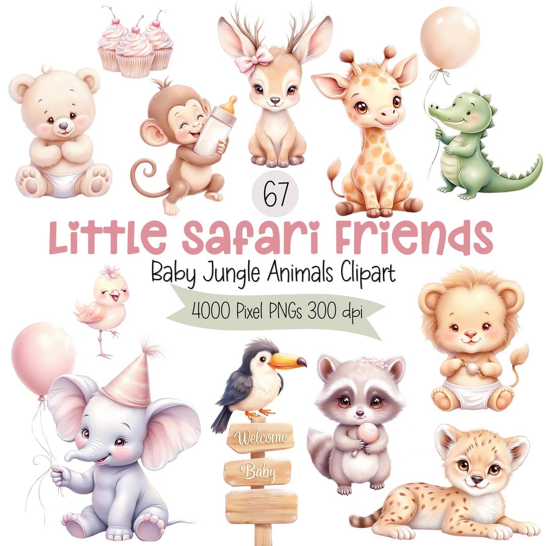 Safari Baby Animal Clipart | Pastel Jungle Animals PNG Bundle, Nursery ...