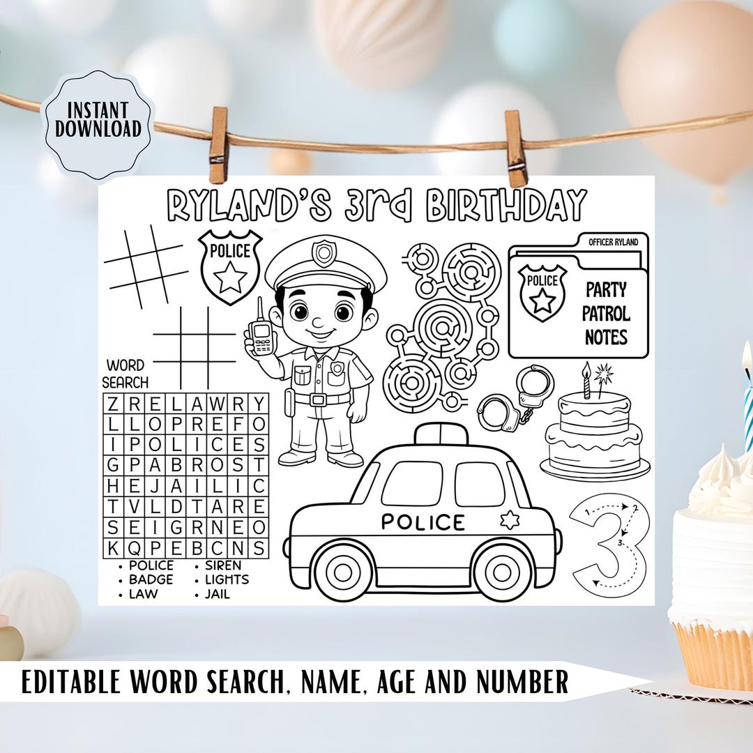 Editable Police Birthday Activity Sheet: Policeman Coloring Placemat ...