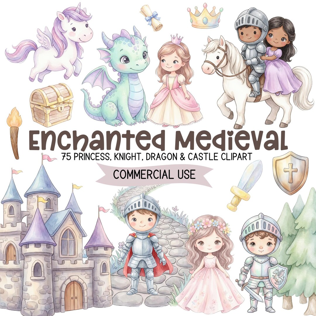 Princess Knight Clipart Set | Medieval Dragon Castle Fairytale PNG ...