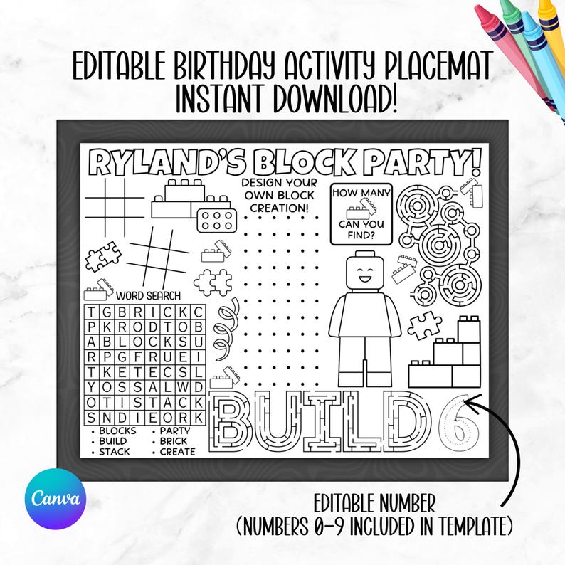 Building Blocks Birthday Activity Placemat – Builder Party Coloring Mat ...