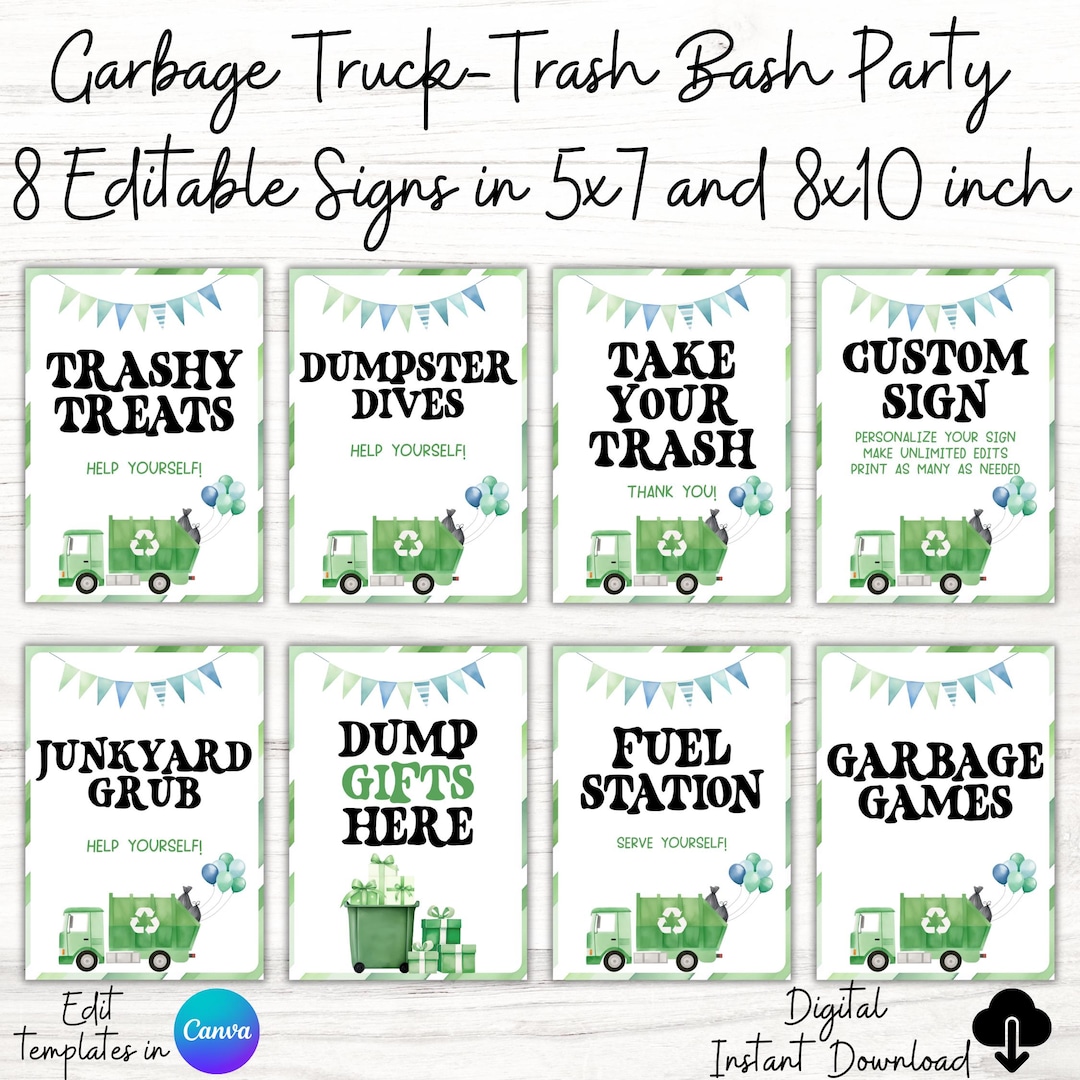 Garbage Truck Birthday Party Sign Bundle, Trash Bash Editable Party ...