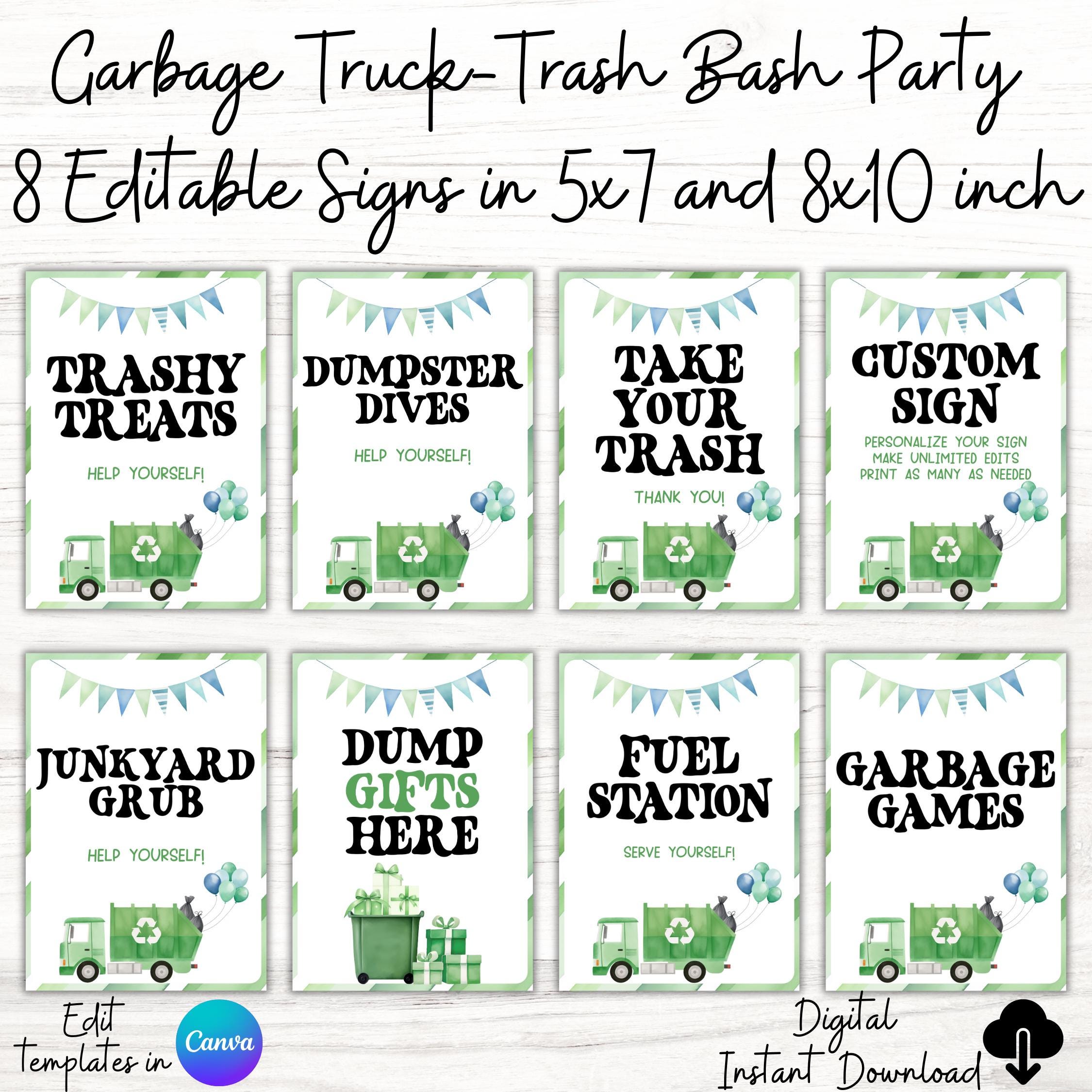Garbage Truck Birthday Party Signs, Trash Bash Table Signs, Editable ...