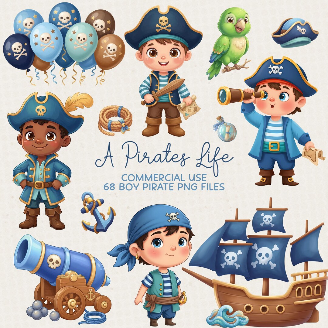Pirate Kids Clipart, Boy Birthday Party PNG, Storybook Nautical ...