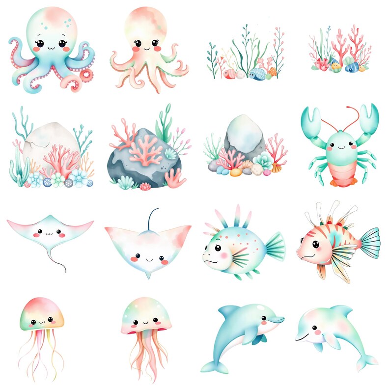 Watercolor Under the Sea Clipart – Ocean Animals & Mermaids, PNG Set ...