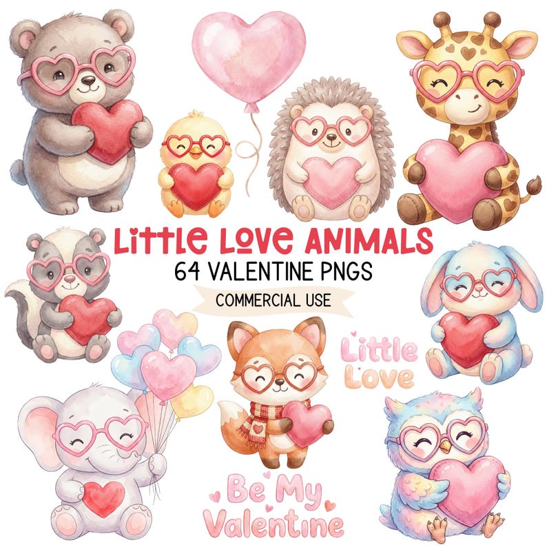 Valentine Animals Clipart Bundle, Kids Watercolor Animal Pngs ...