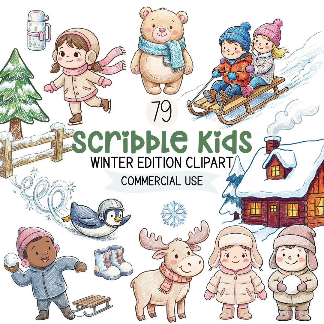 Winter Kids Clipart | Scribble Kids Crayon Style Children Graphics ...