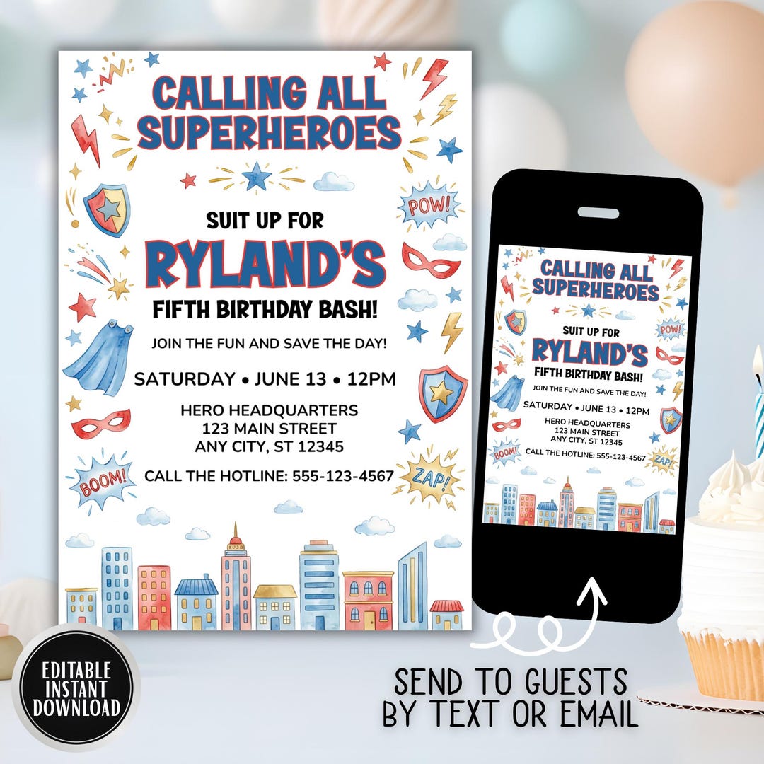 Superhero Birthday Invitation, Kids Party Invite, Calling All ...
