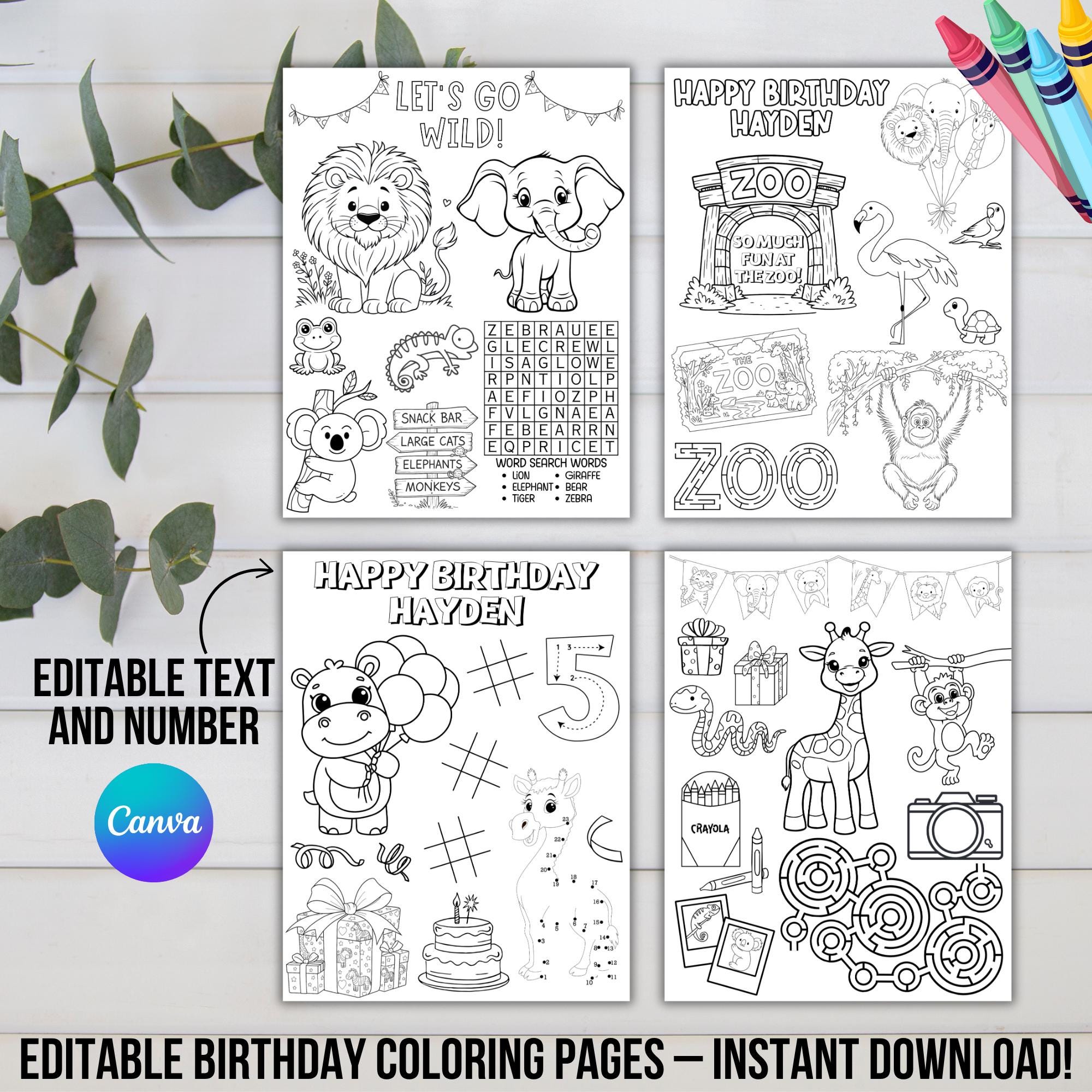 Zoo Birthday Coloring Pages Printable | Editable Kids Animal Activity ...