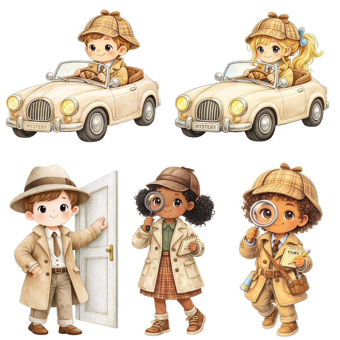 Kid Detective Clipart Bundle, Watercolor Mystery Party PNG, Vintage ...