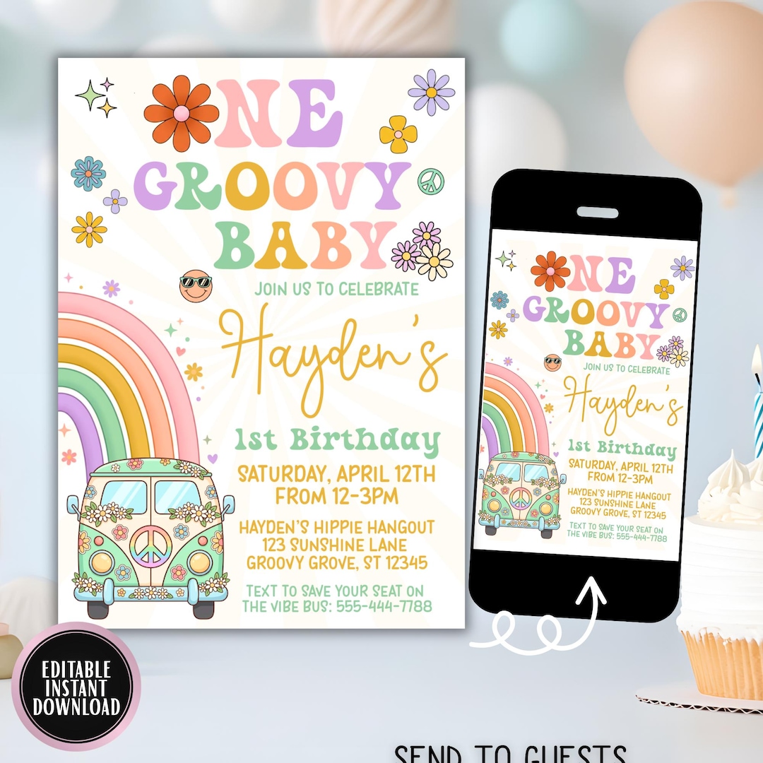 Groovy First Birthday Invitation | One Groovy Baby Retro Rainbow ...
