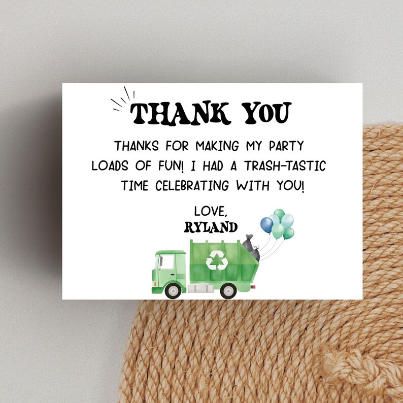 Garbage Truck Birthday Thank You Card | Trash Bash Party Thank You ...