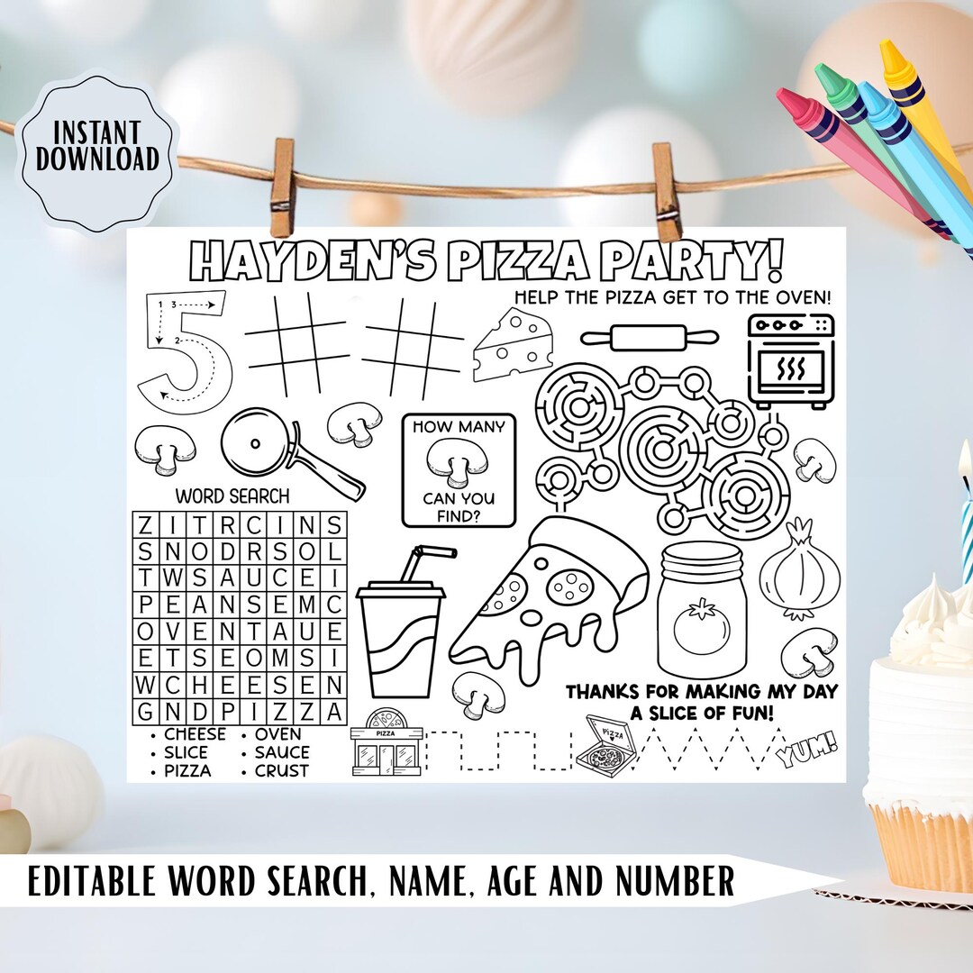 Pizza Party Activity Placemat | Kids Coloring Sheet | Printable Party ...
