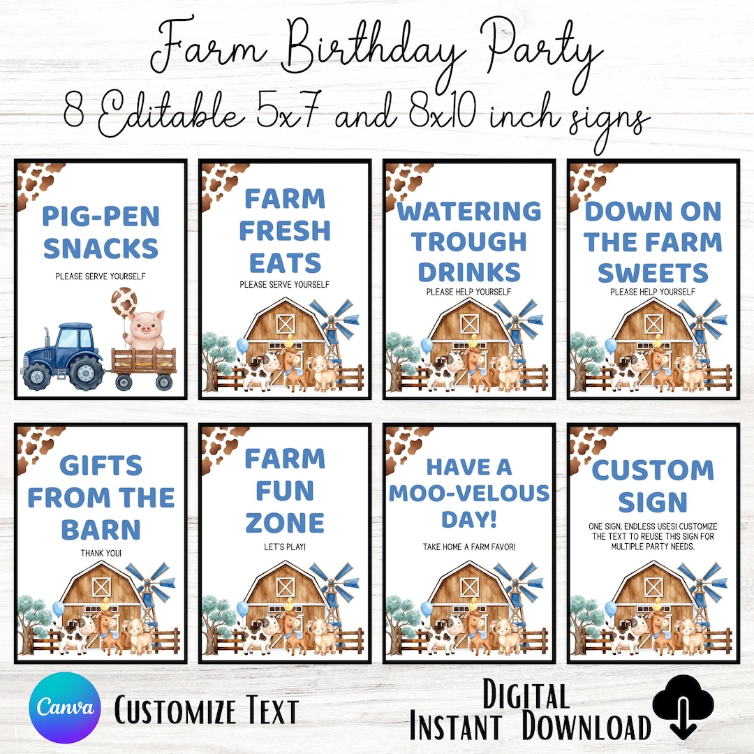 Farm Birthday Party Signs, Editable Farm Decor, Barnyard Food Drinks ...