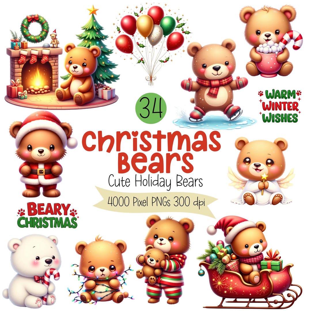 Christmas Bear Clipart Set | Cute Holiday Pngs for Cards, Crafts ...