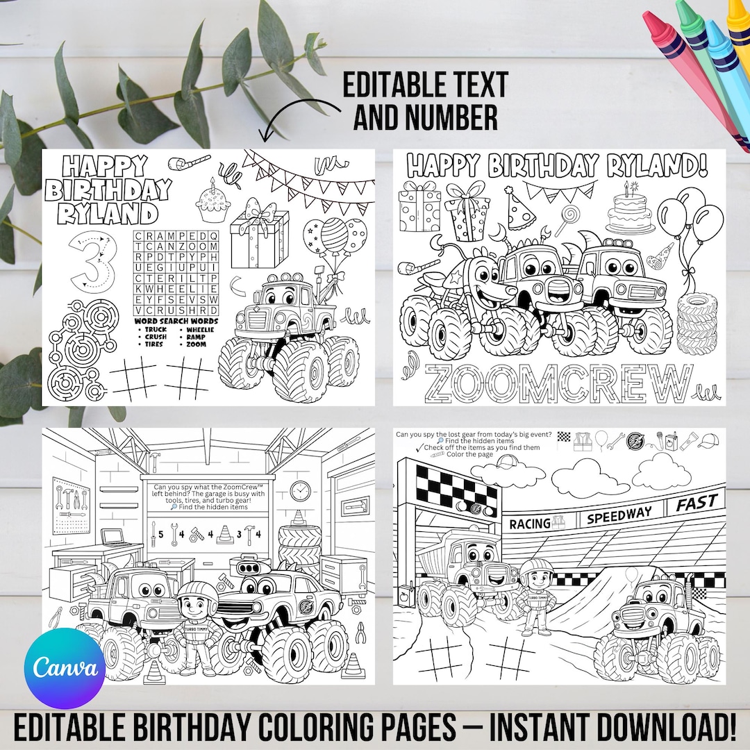 Monster Truck Birthday Coloring Pages Editable - Kids Party Activity ...