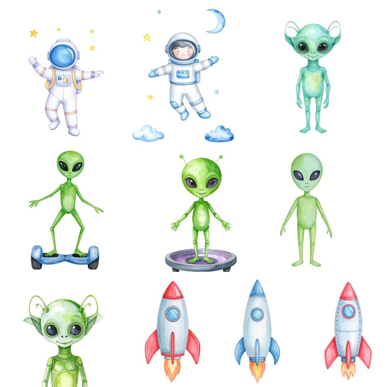 Outer Space Clipart PNG | Watercolor Astronauts, Aliens, Planets ...