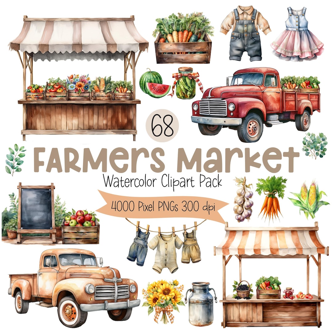 Farmers Market Clipart, Watercolor Fruit Veggie Stands, Rustic Farm ...