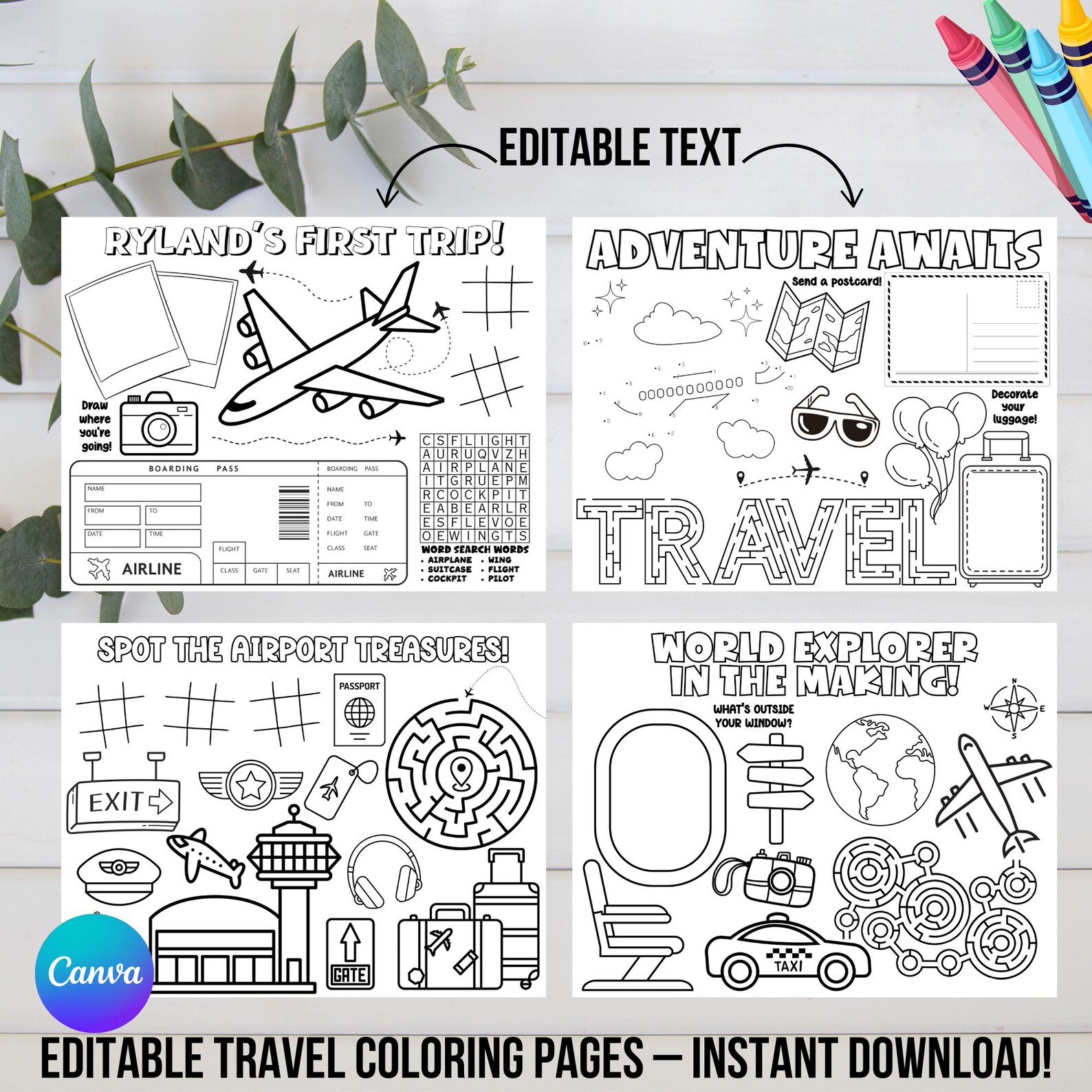 Editable Flight Activity Coloring Sheets: Airplane Travel Printables ...