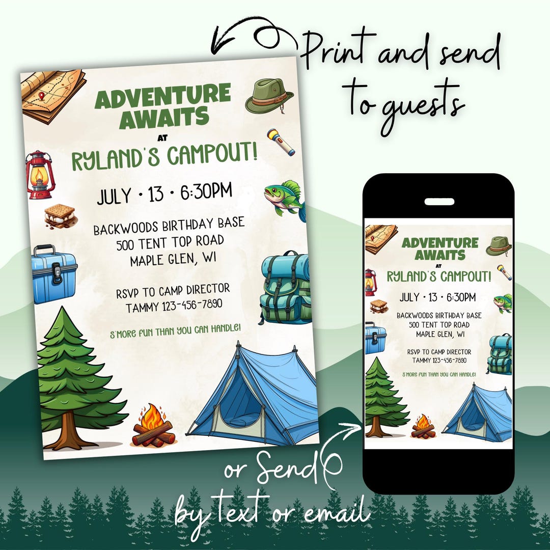 Camping Birthday Party Invitation | Editable Campout Invite | Printable ...