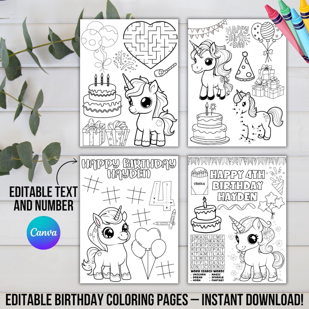 Unicorn Birthday Coloring Pages, Kids Party Activity Printable ...