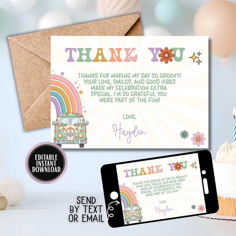 Groovy Thank You Card Printable – Retro Boho Rainbow Editable Template ...